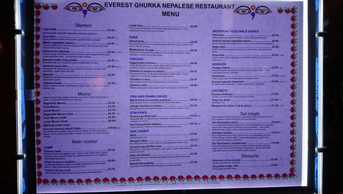 Menu at Everest Gurkha Nepalese Restaurant - Himalayan Nepalese Chulo, York