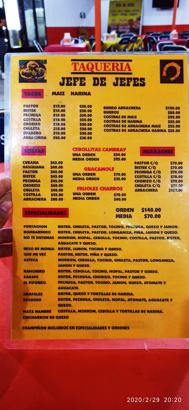 Menu at Jefe de jefes restaurant, Merida