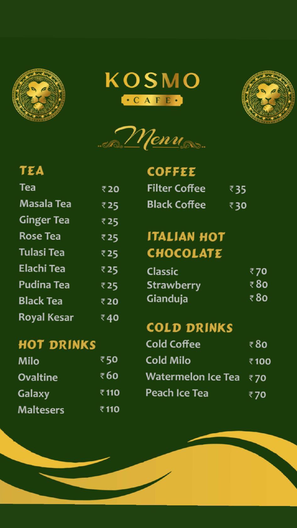 Menu at Kosmo cafe, Chennai