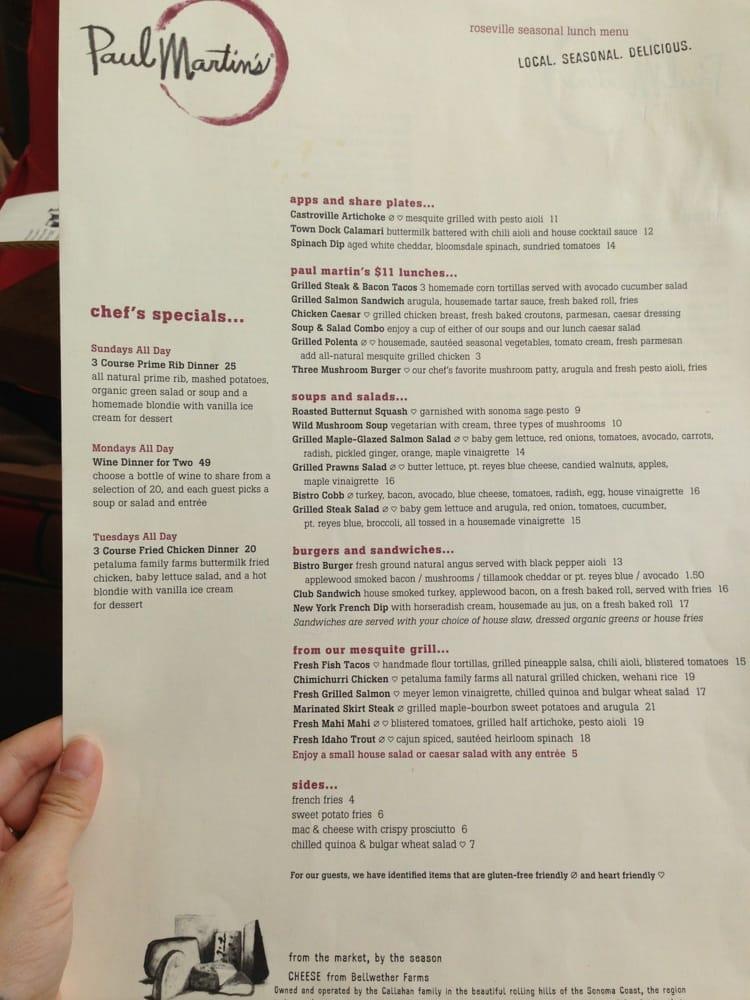 Menu at Paul Martin's American Grill steakhouse, Roseville