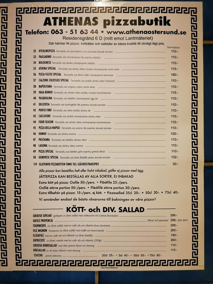 Menu at Restaurang Pizzeria Athena, Östersund