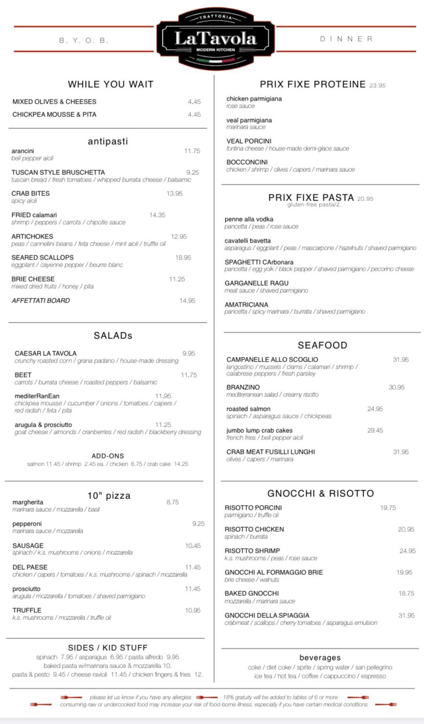 Menu at Trattoria La Tavola restaurant, Kennett Square