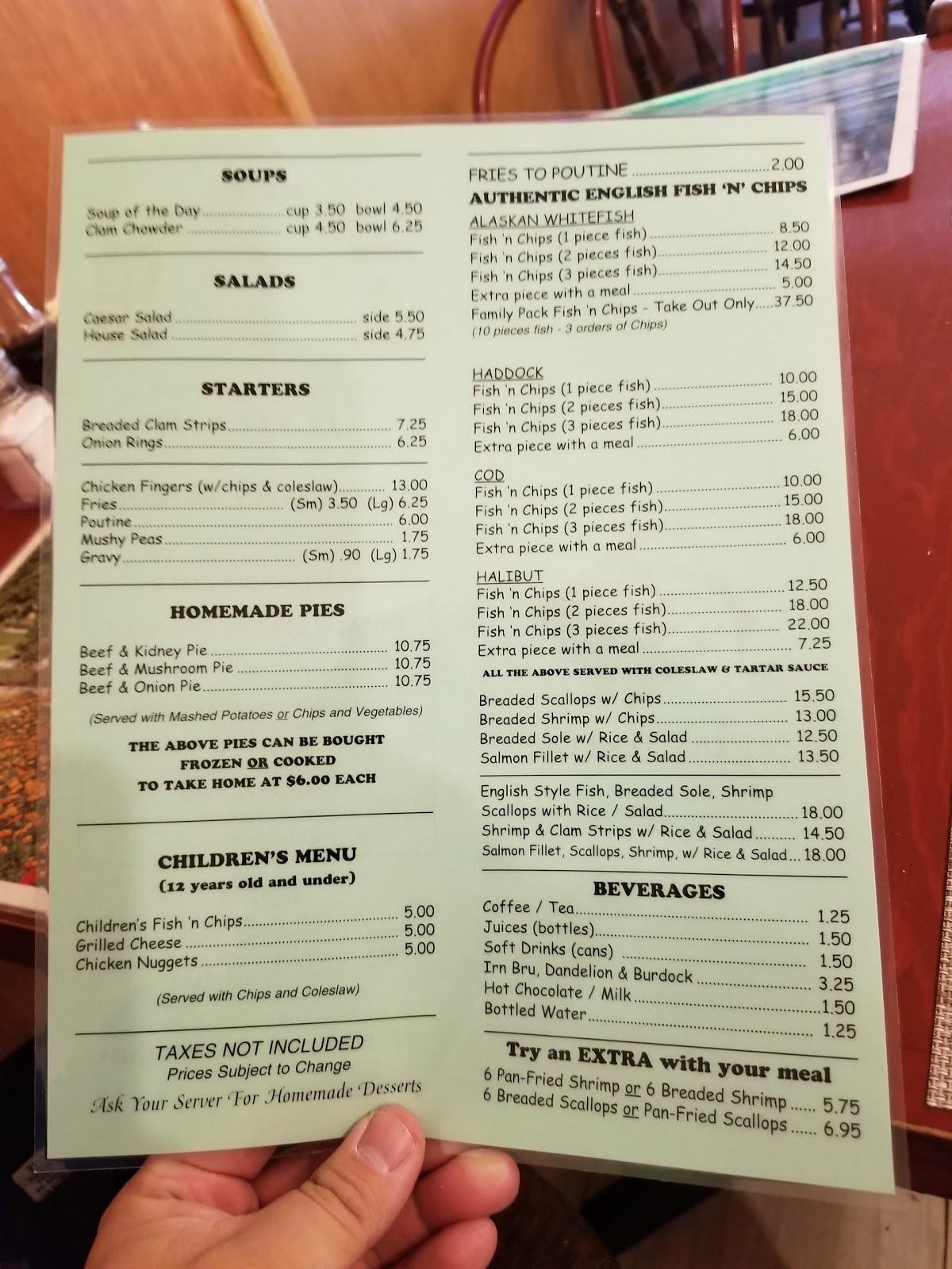 Menu at Ye Olde English Fish "n" Chip restaurant, Cornwall