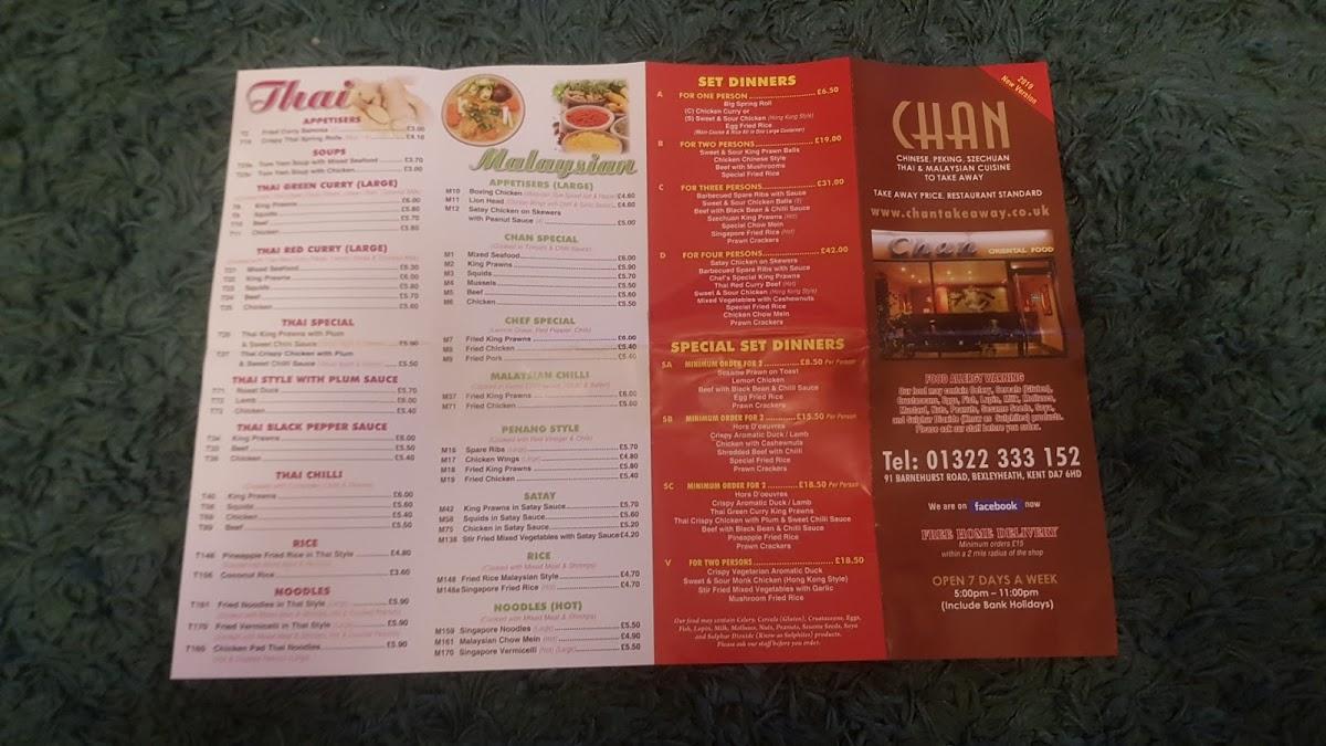 Menu at Chan Takeaway fast food, London, 91 Barnehurst Rd