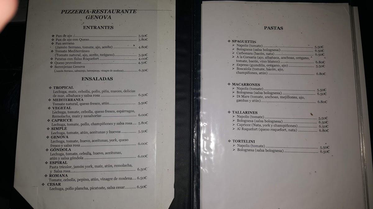 Menu at Restaurante Pizzería Génova, Nuevo Portil