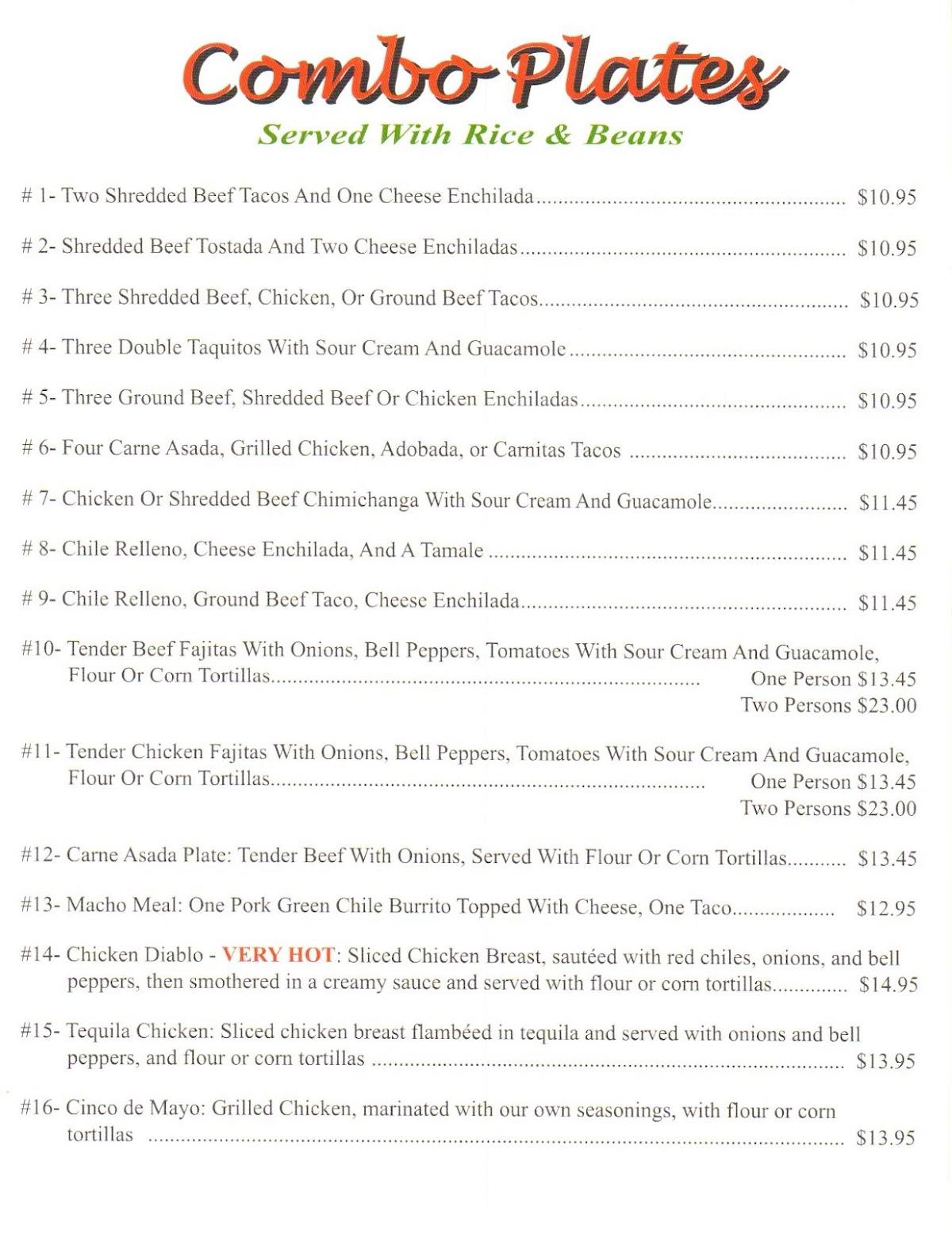 Menu at Romero's Mexican Restaurant, Pahrump