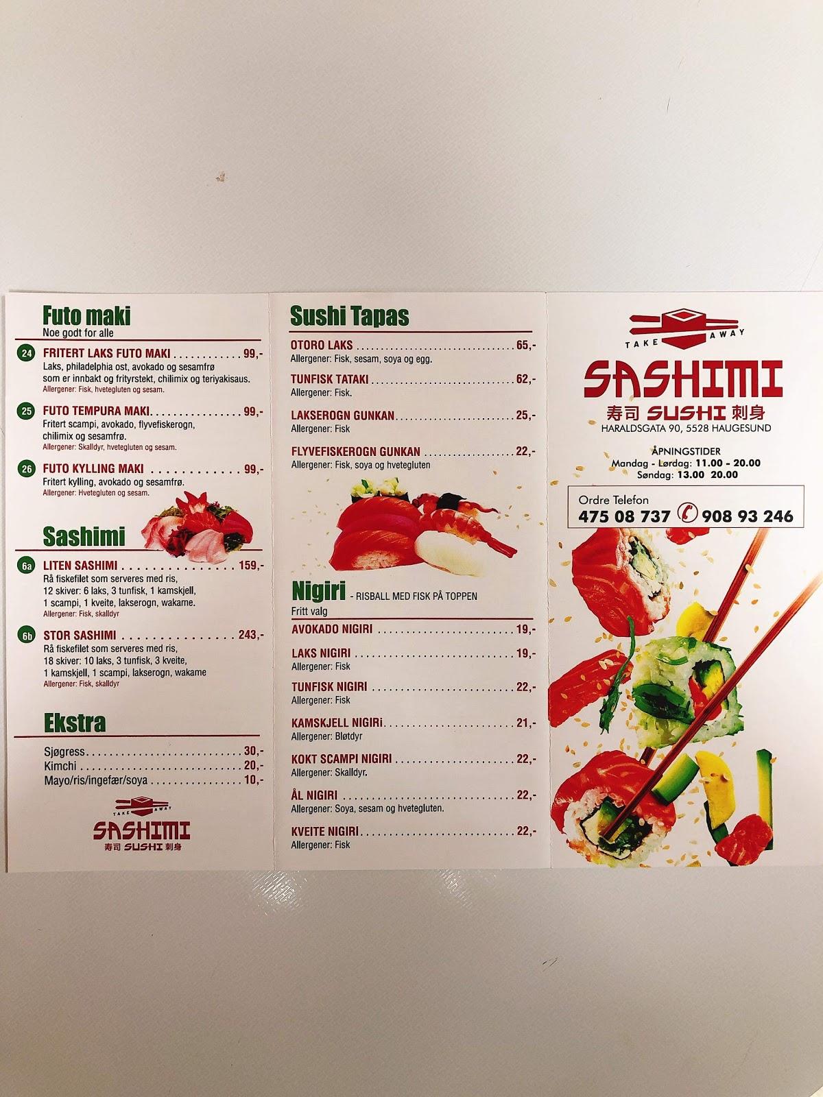 Menu at Sashimi Sushi restaurant, Haugesund