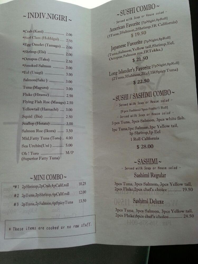 Menu at Taka Sushi restaurant, Westbury