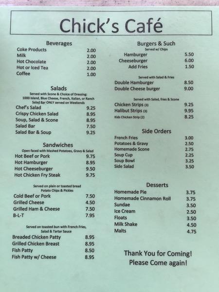 Menu at Chick's Café restaurant, Heber City