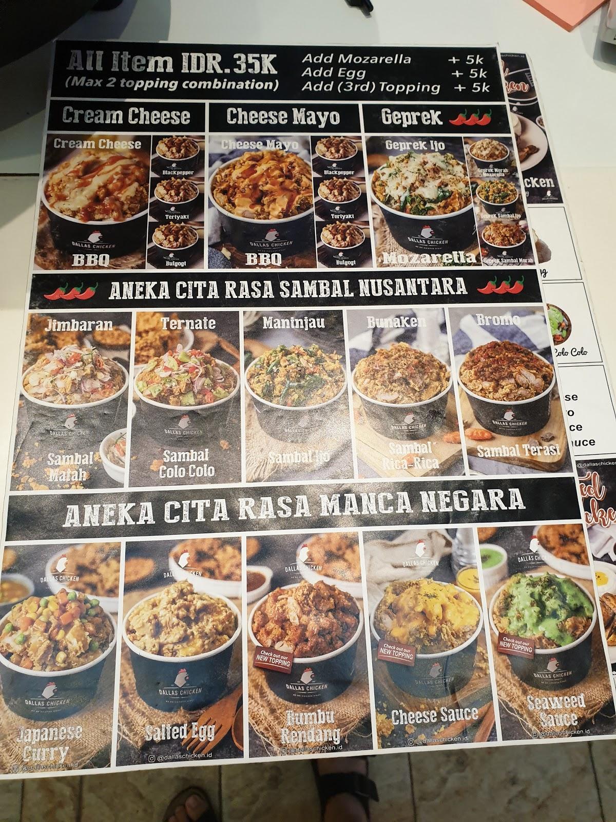 Menu at Dallas Chicken restaurant, West Jakarta