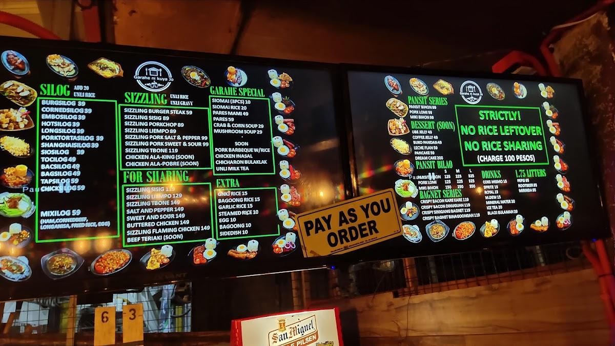 Menu at Garahe Ni Kuya JO restaurant, Quezon City