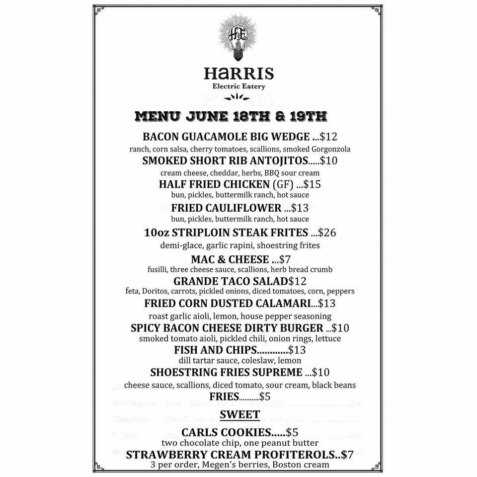Menu at HARRIS ELECTRIC EATERY restaurant, Saint Marys