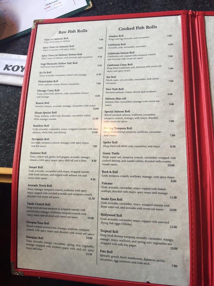Menu at Koya Japan restaurant, Highland Park