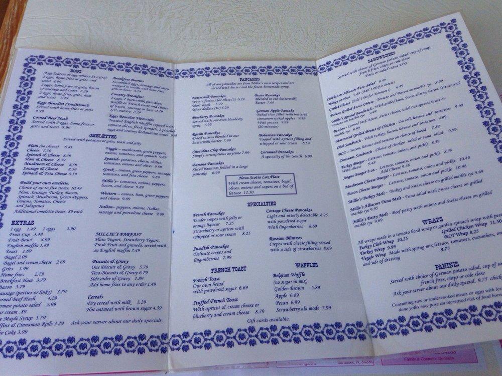 Menu at Millie's fast food, Sarasota