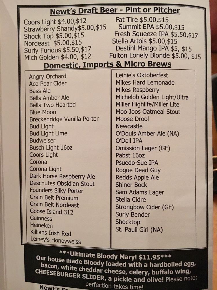 Menu at Newt's North pub & bar, Rochester, E Frontage Rd #52