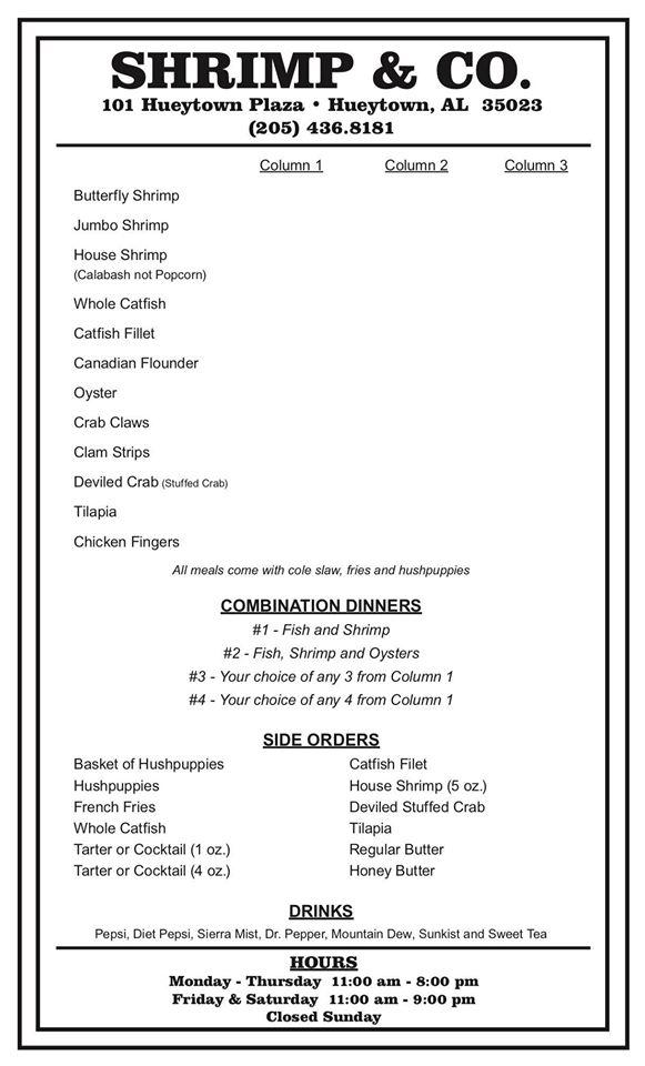 Menu at Shrimp and Company restaurant, Hueytown