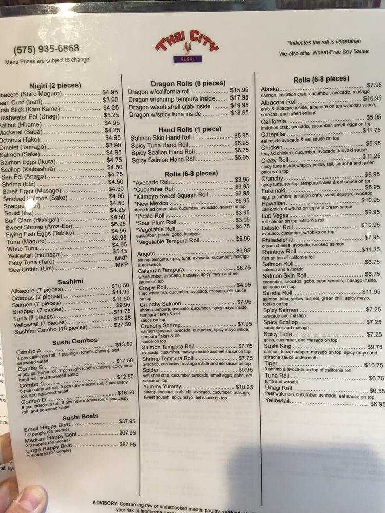 Menu at Thai City restaurant, Portales