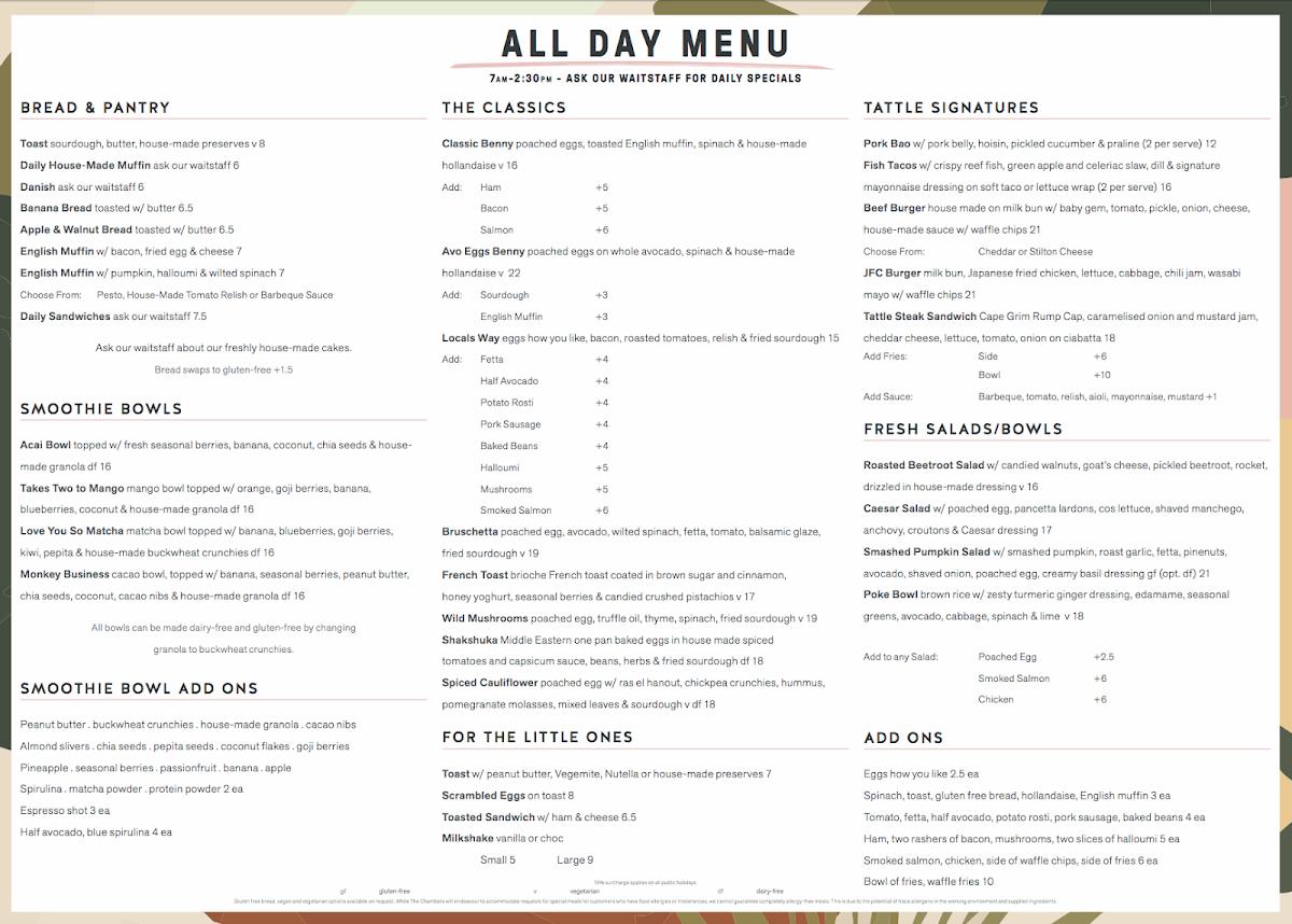 Menu at The Chambers cafe, Cairns, 21 Spence St