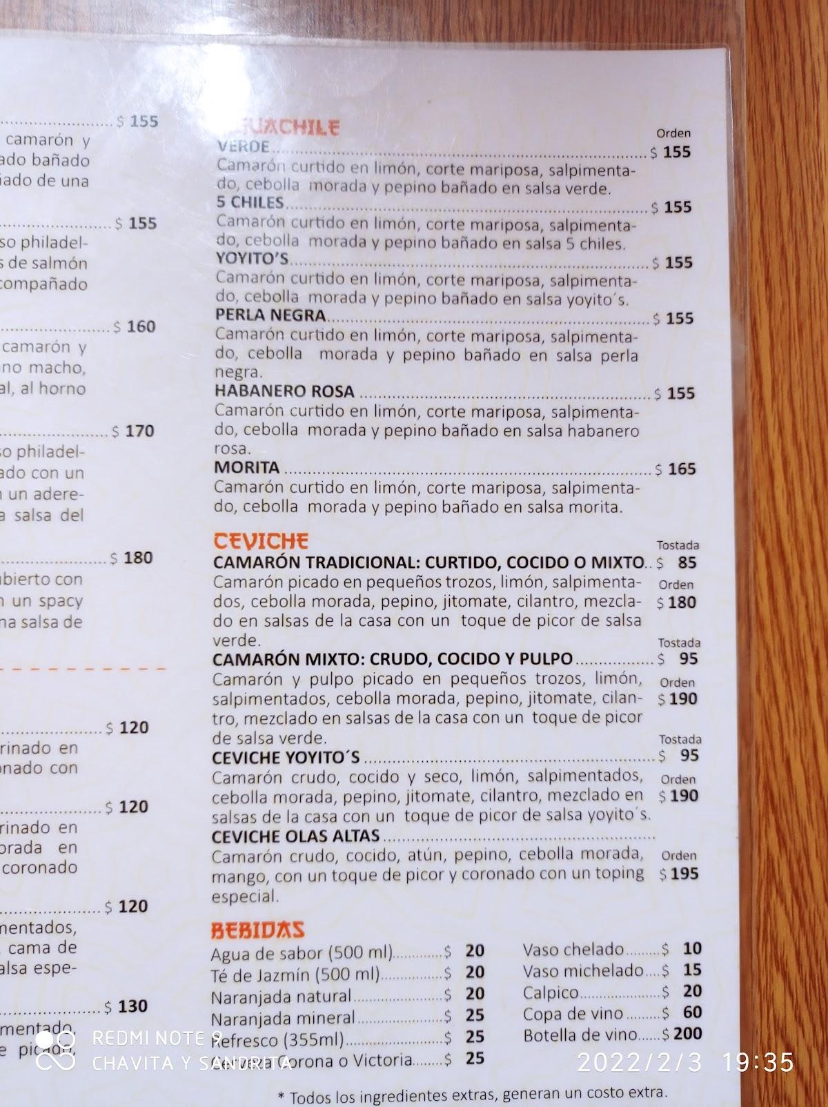 Carta del restaurante Yoyito’s house, Tecomán