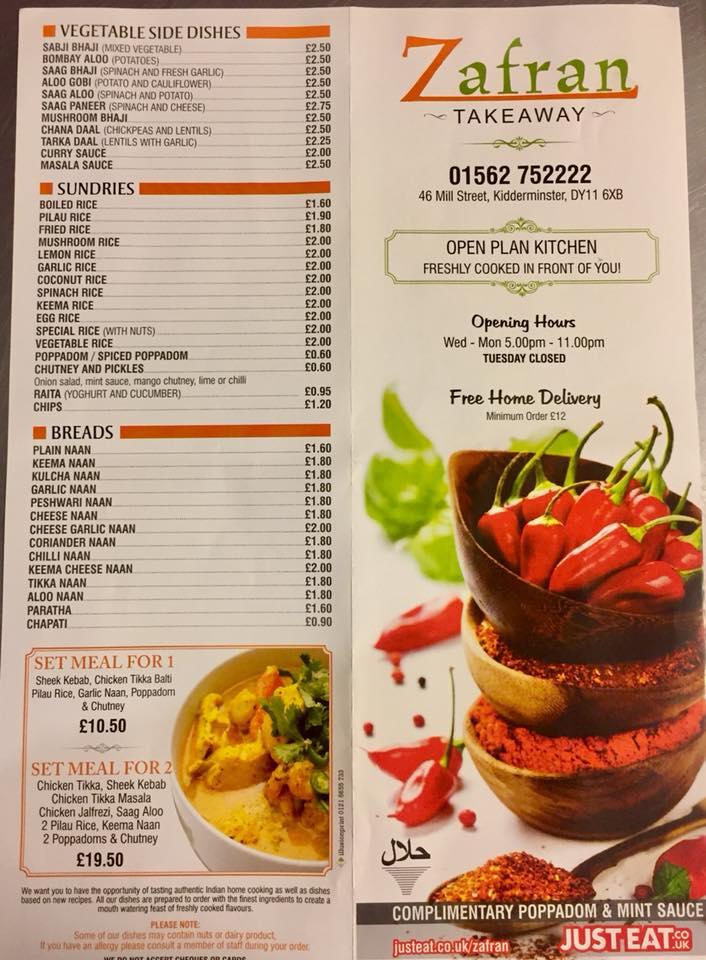 Menu at Zafran Tandoori Takeaway fast food, Kidderminster