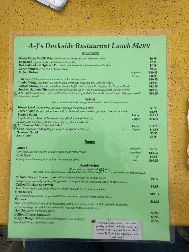Menu at A-J's Dockside Restaurant, Tybee Island