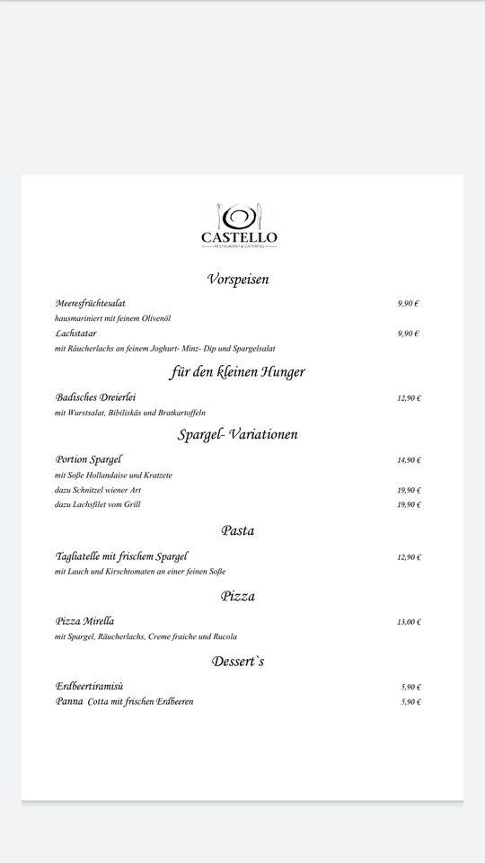Menu at Castello Restaurant Pizzeria Catering, Bötzingen