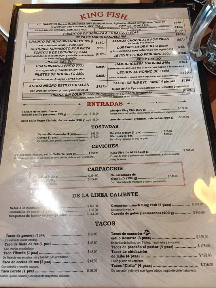 Carta del restaurante King Fish, Ciudad del México