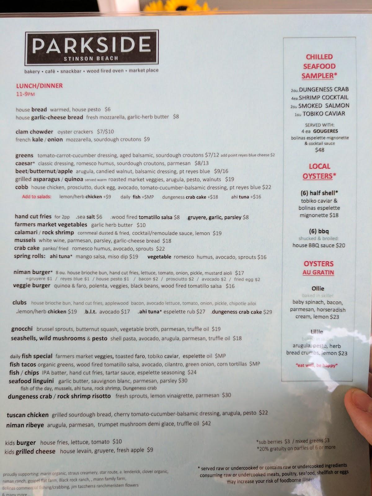 Menu at Parkside Cafe, Stinson Beach