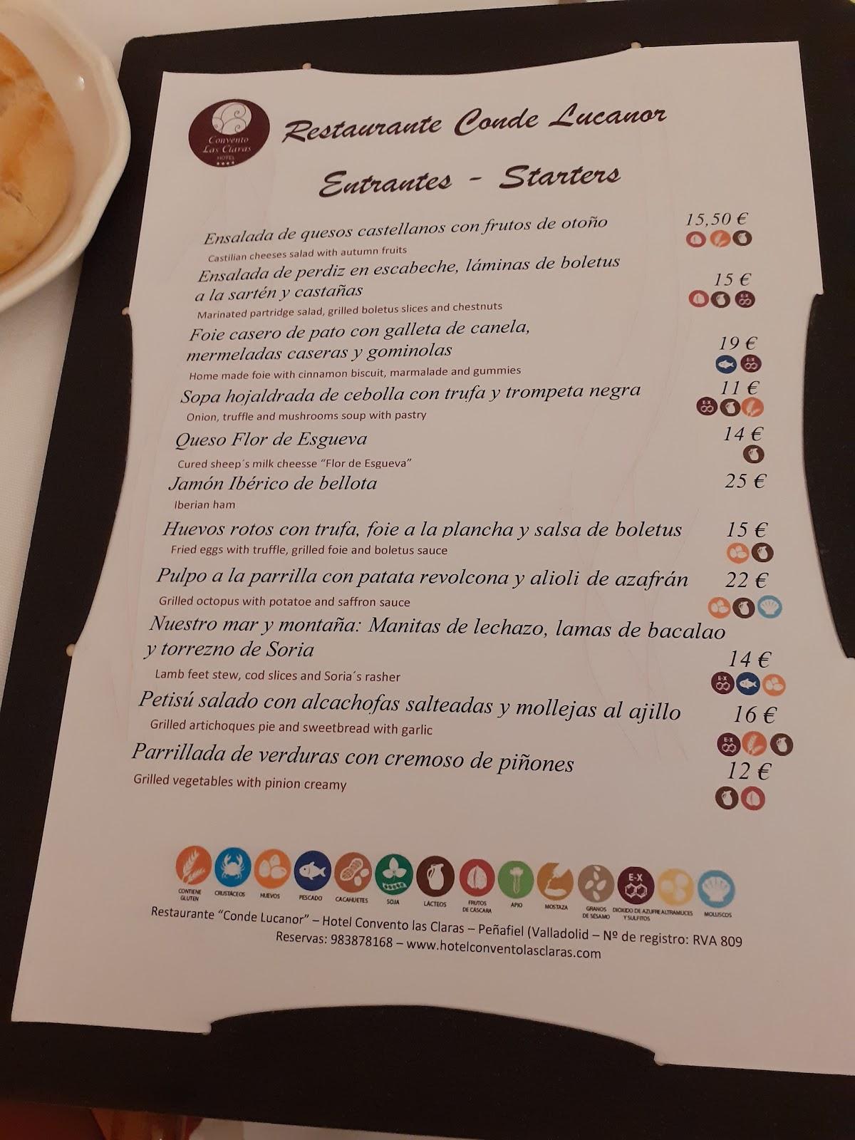 Menu at Restaurante Conde Lucanor, Peñafiel
