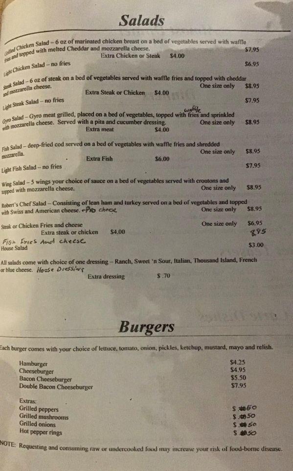 Menu at Robert's Roadside Inn restaurant, Beaver