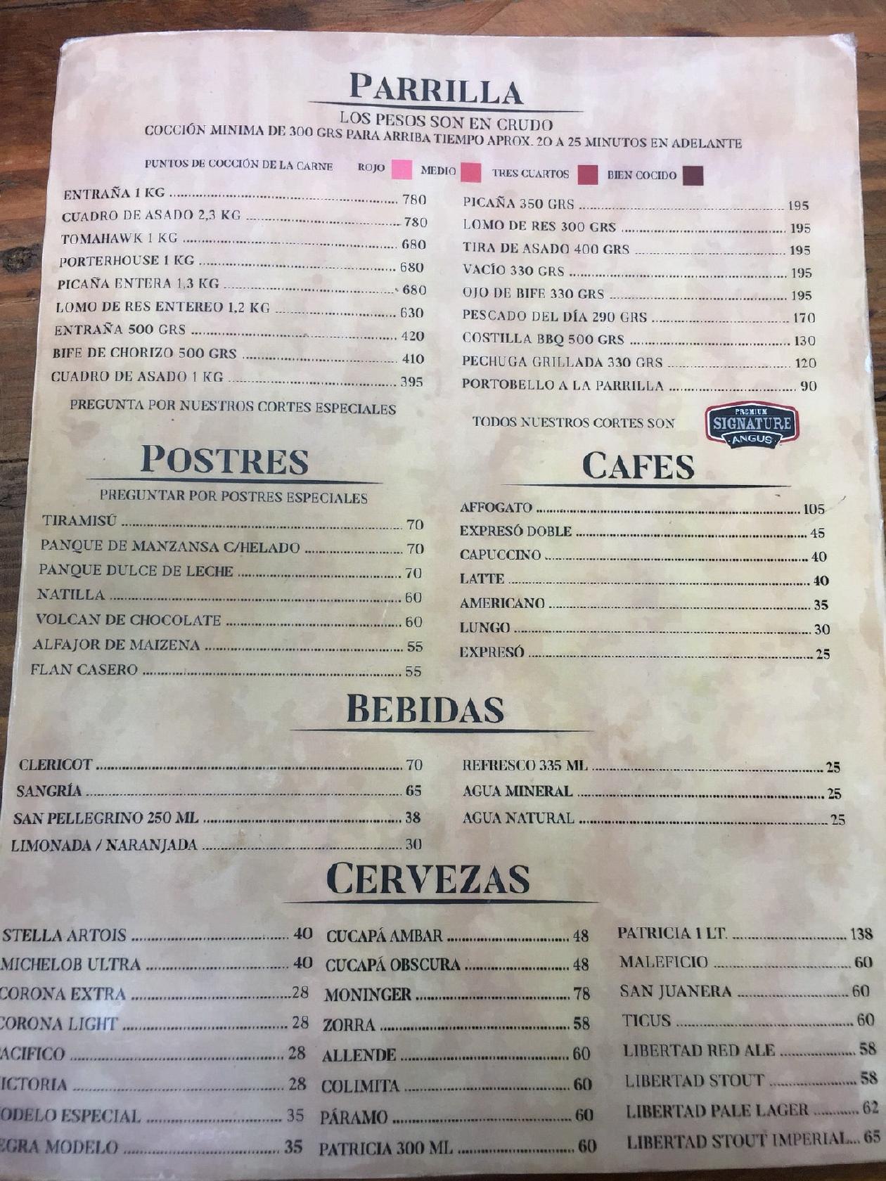 Menu at Sudestada steakhouse, Guadalajara