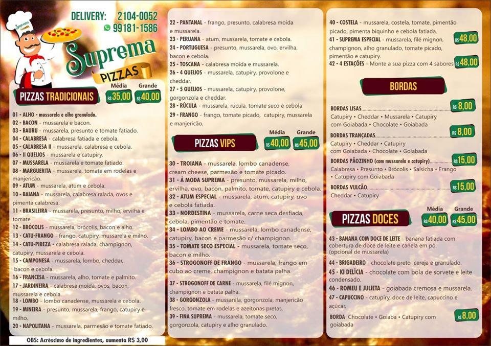 Menu at Suprema Pizzas restaurant, Três Lagoas
