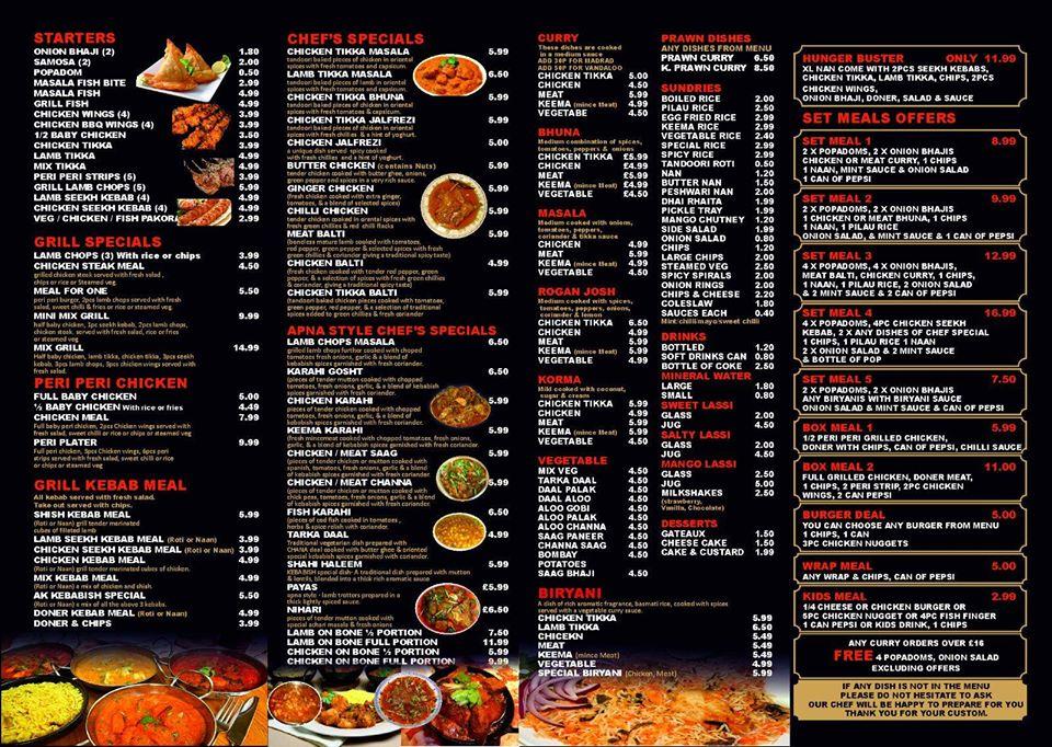 Menu at AK Kebabish restaurant, Rotherham