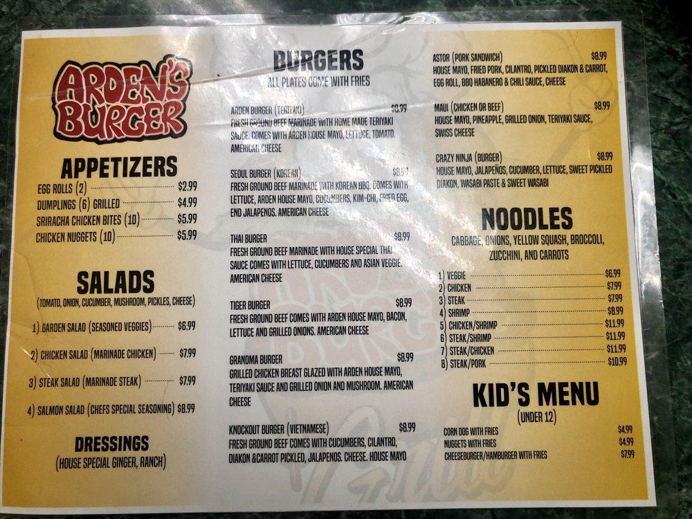 Menu at Arden's Burger & Grill restaurant, Anderson