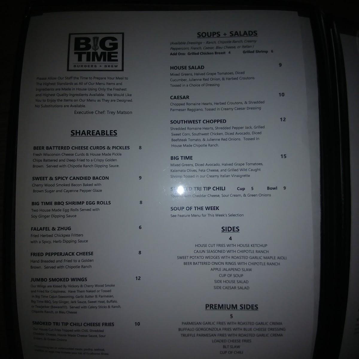 Menu at Big Time Burgers + Brew desserts, Portage