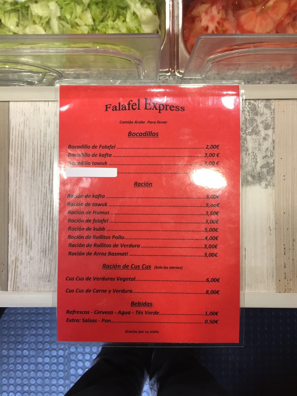 Carta del restaurante Falafel Express, Madrid