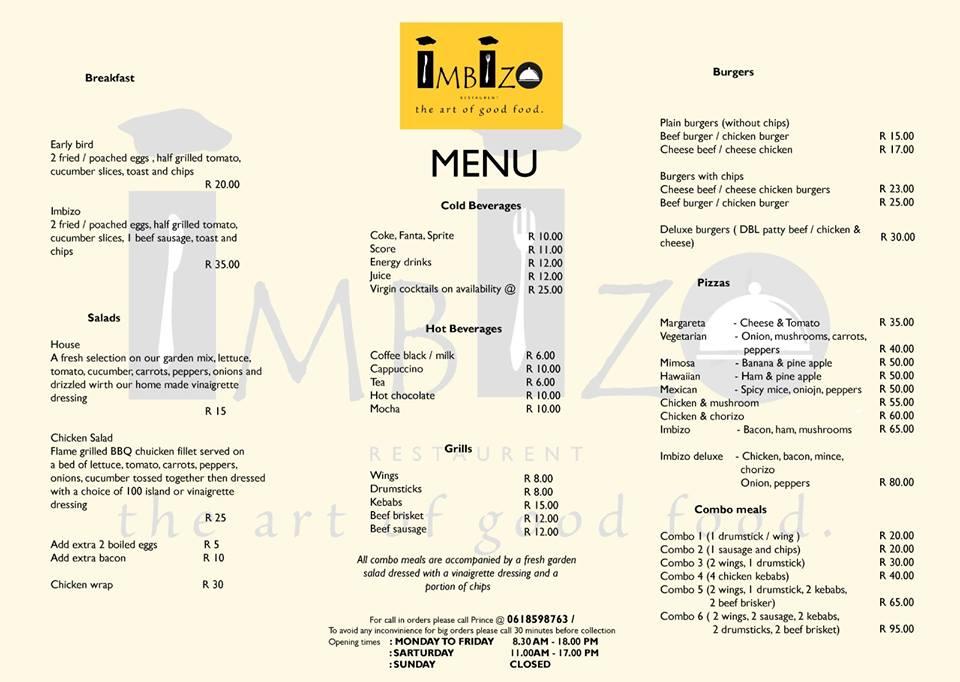 Menu at Imbizo restaurant, Cape Town, no 7 kuyasa market stalls