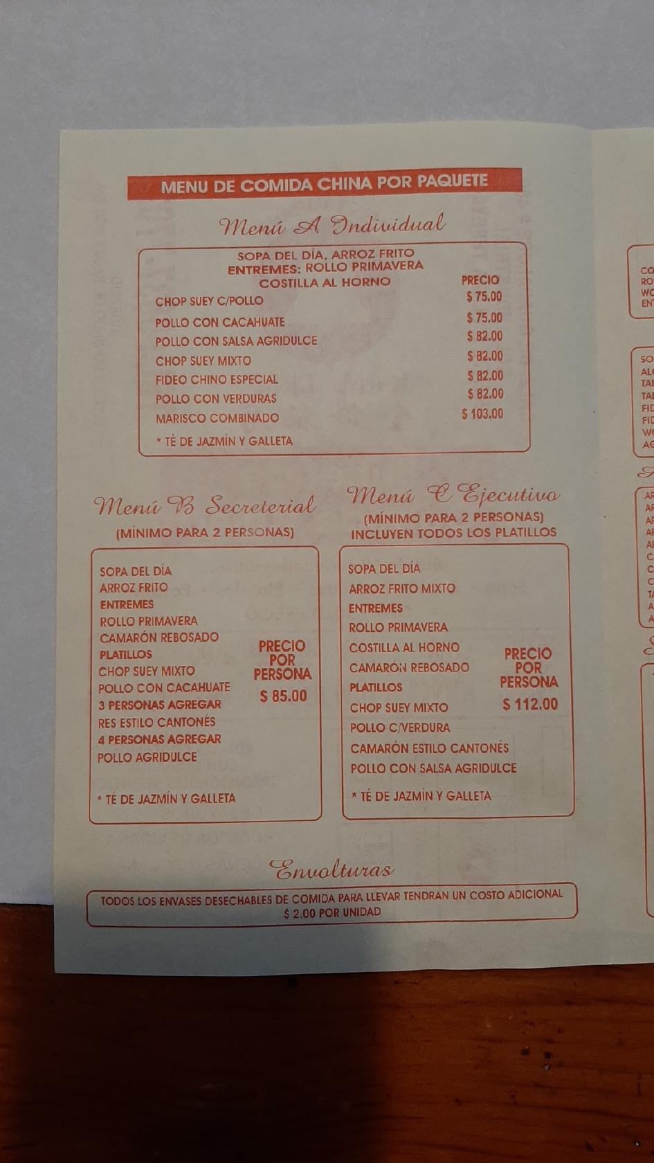 Carta del restaurante Kam Ling, Ciudad del México, Calzada del ...