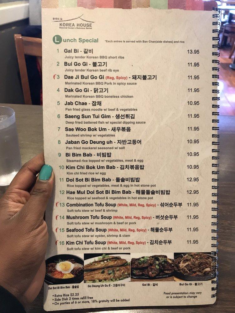 Menu at Korea House restaurant, Concord