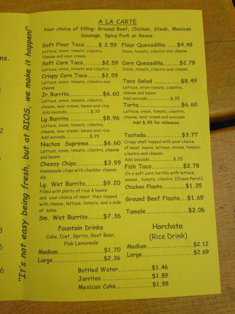 Menu at RIOS MEXICAN GRILL #1 restaurant, New Buffalo