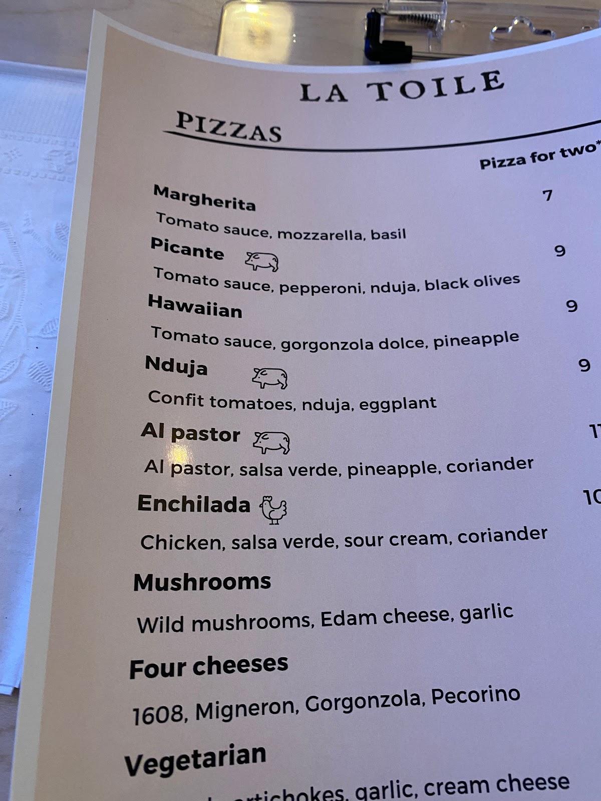 Menu at Restaurant La Toile, Montréal