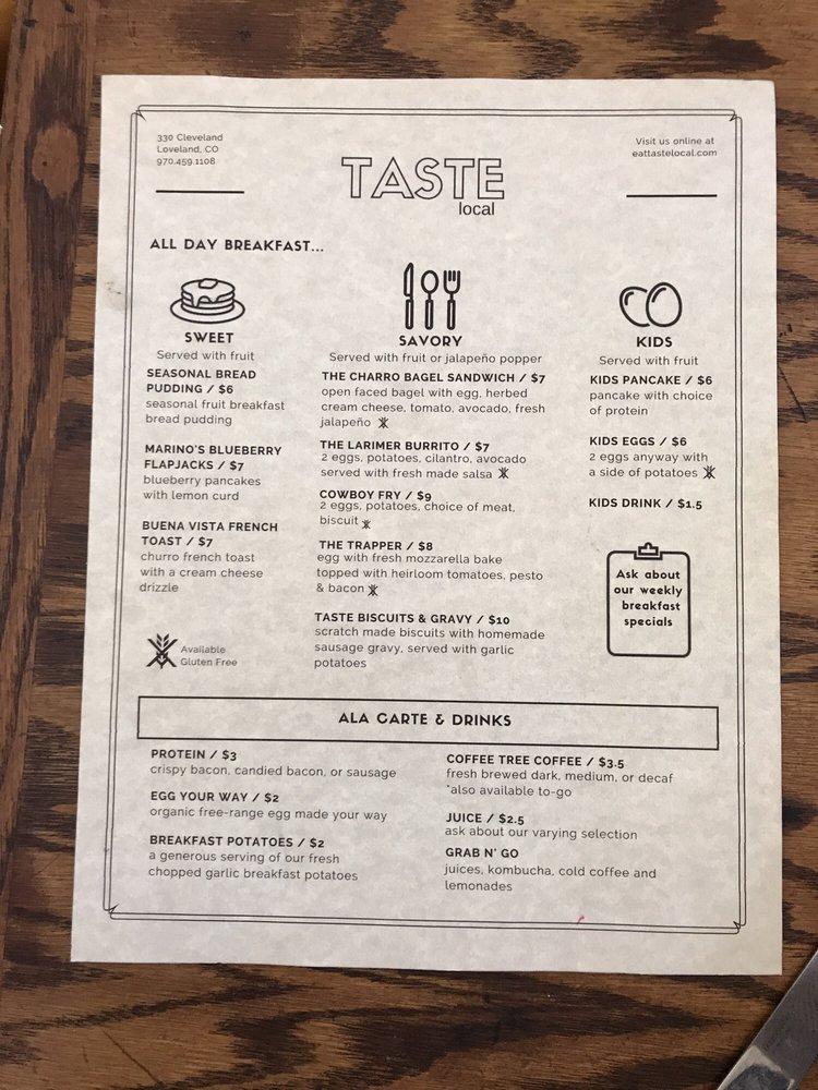 Menu at Taste Local restaurant, Loveland