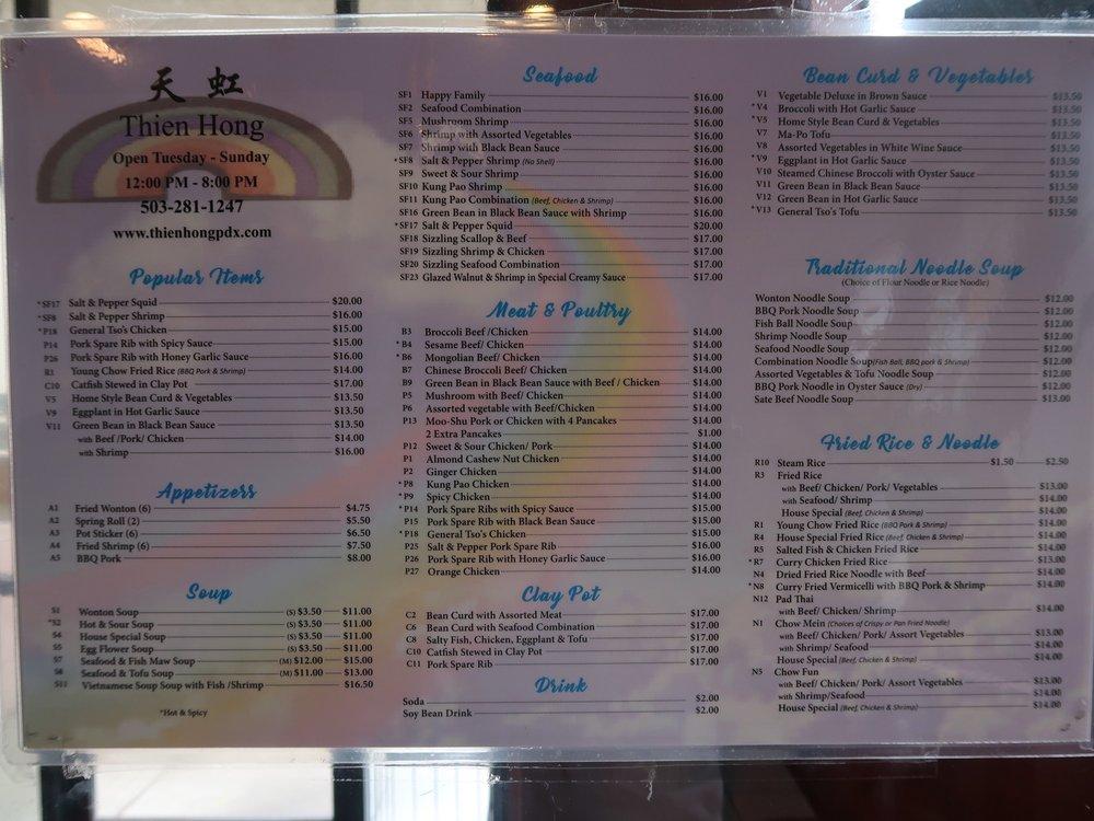 Menu at Thien Hong Restaurant, Portland