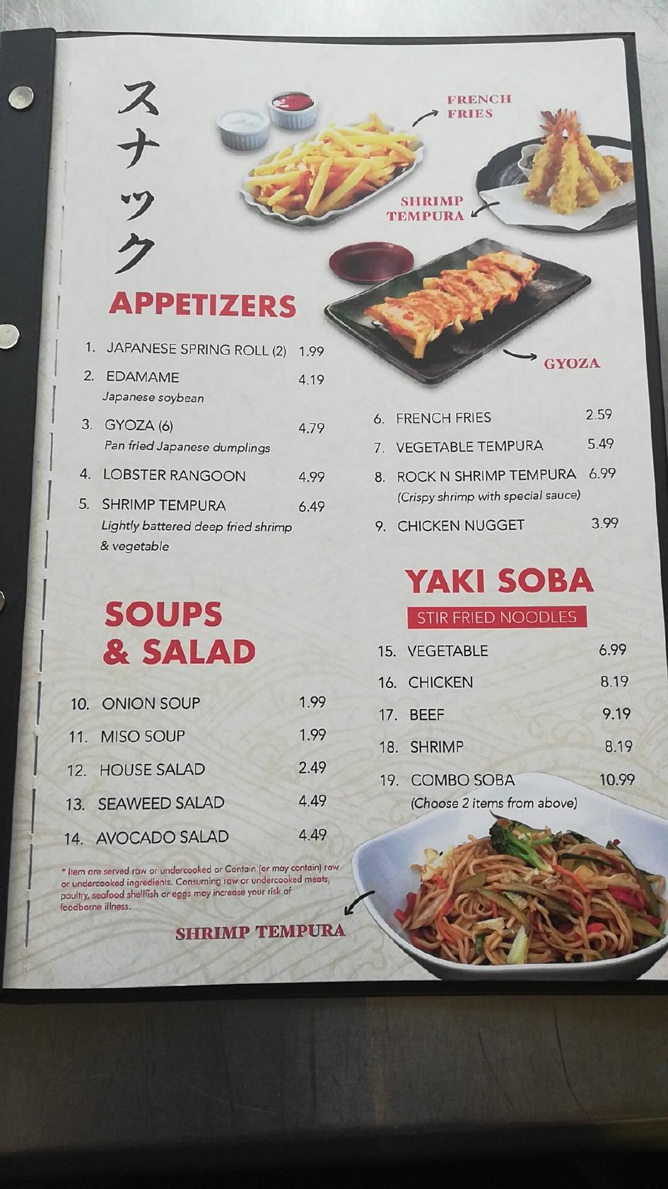 Menu at Tokyo Japanese Steak House restaurant, Central City