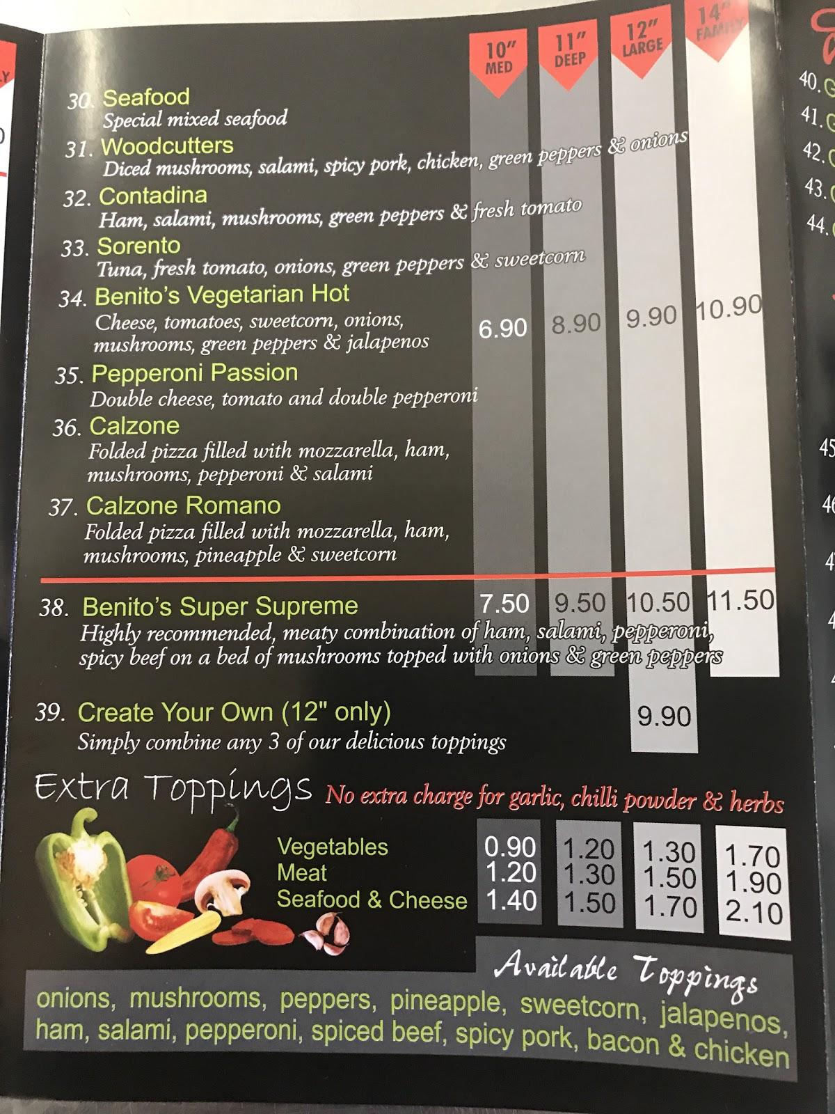Menu at Benitos fast food, Sheffield