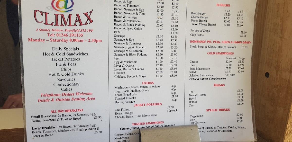 Menu at Climax Cafe, Dronfield