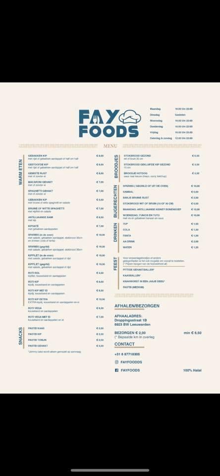 Menu at Fayfoods, Leeuwarden