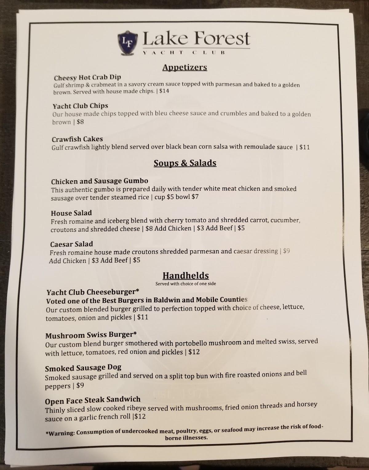 Menu at Lake Forest Yacht Club Restaurant, Daphne