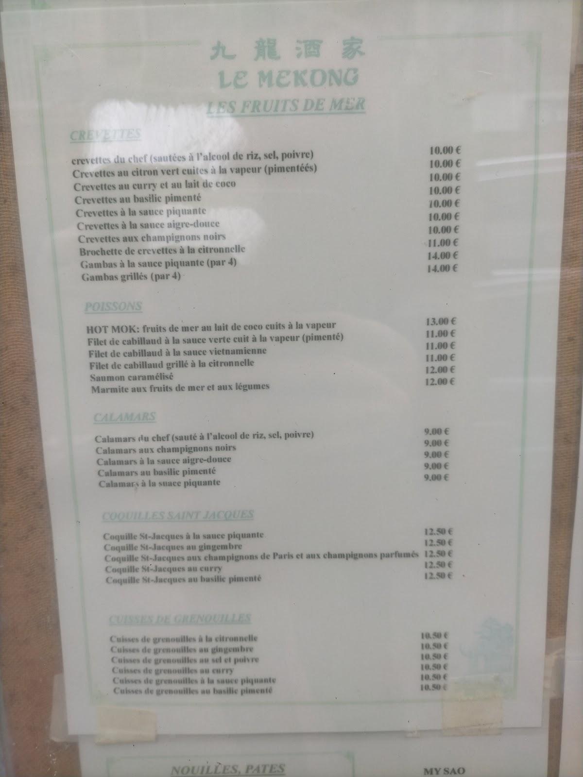 Menu at Le Mekong restaurant, Belley