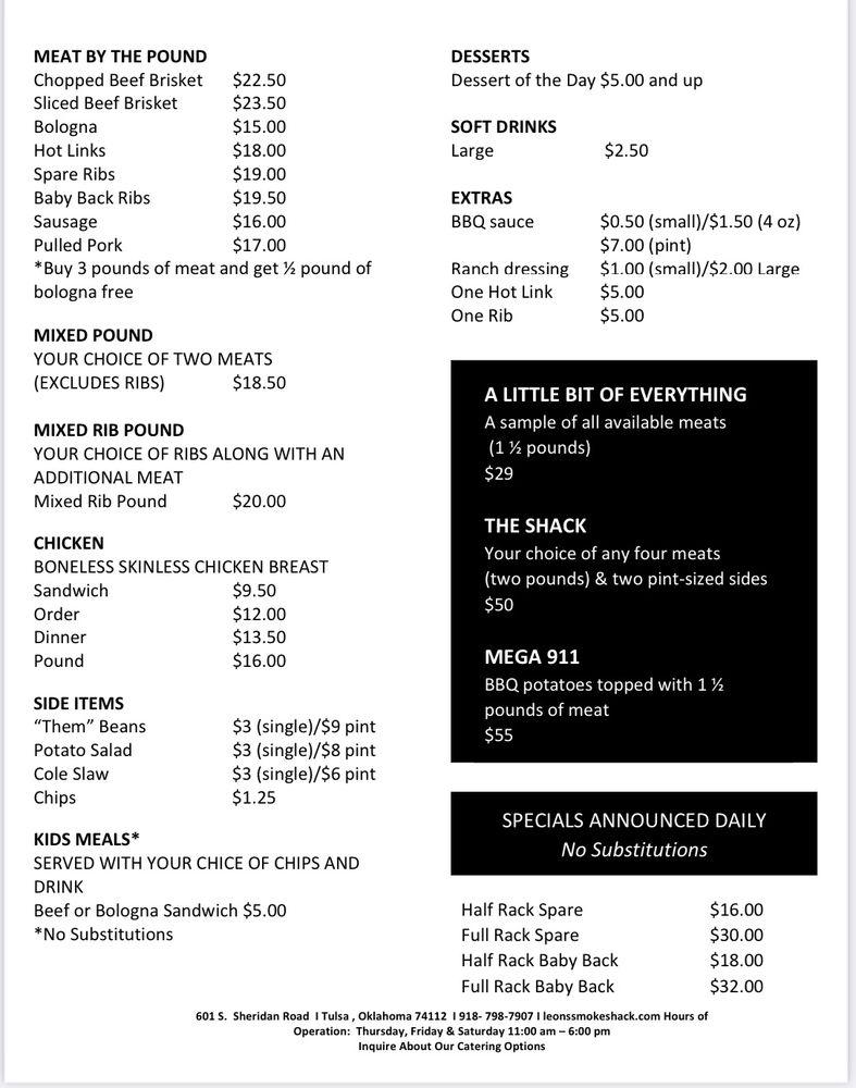 Menu at Leon's Smoke Shack Barbeque, Tulsa, 601 S Sheridan Rd